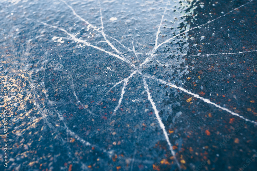 Cracks on thin ice - danger of walking on ice - risk of falling into ...