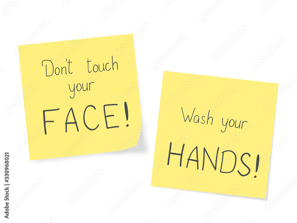 Vector stickers 'Don't touch your face!' and 'Wash your hands ...