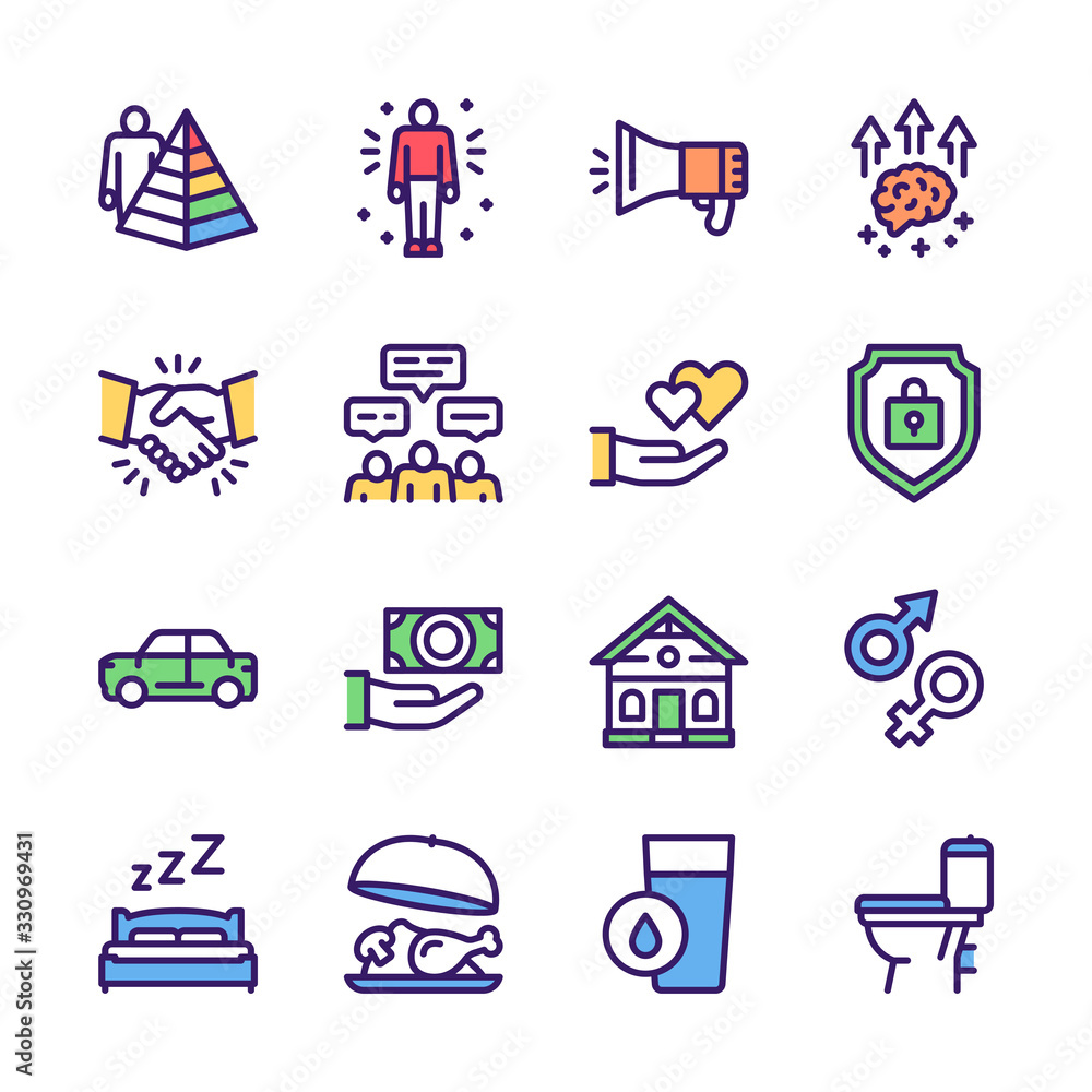 Hierarchy of human needs linear color icon set. Maslow Pyramid concept ...
