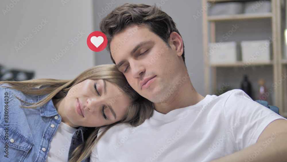 Sleeping Young Couple in Love, Flying Emoji of Heart Stock Photo ...