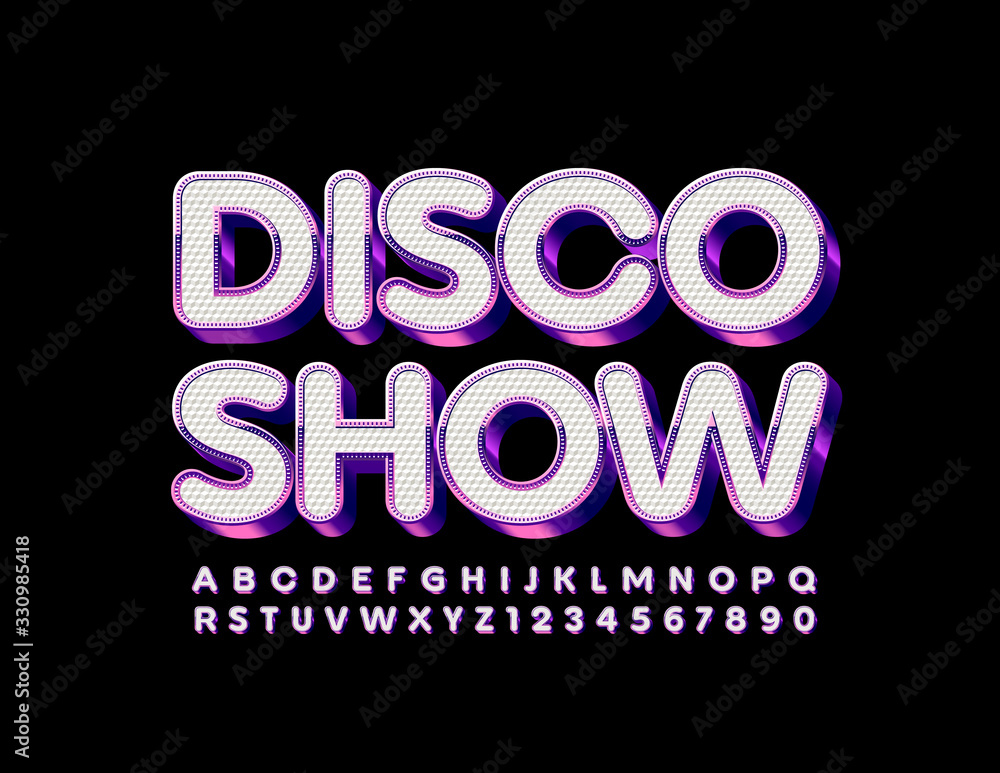 Vector trendy poster Disco Show. White and Purple Metallic Font. Chic ...