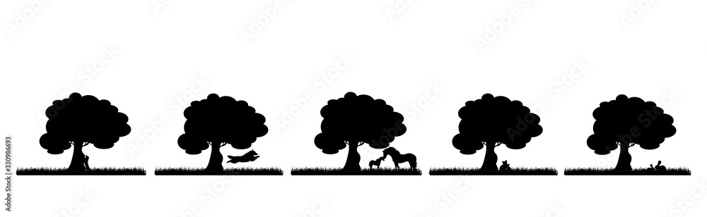 Collection of vector silhouette of tree in meadow with animals on white ...