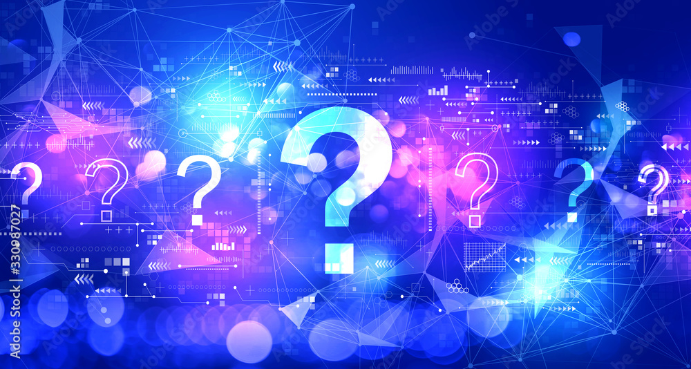 Question marks with technology blurred abstract light background Stock ...