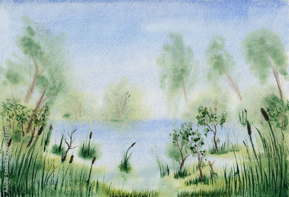 Watercolor painting with colorful summer landscape in light sunrise ...