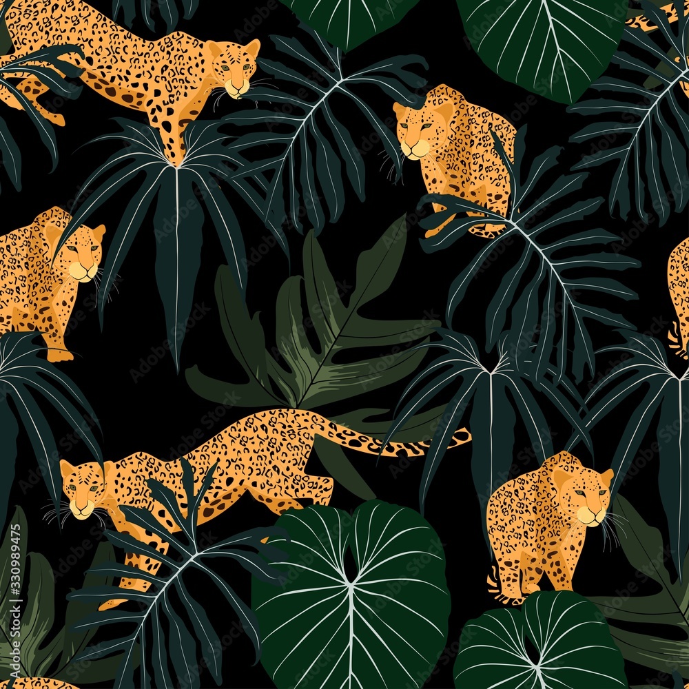 Seamless tropical safari pattern background with leopard, palms leaves ...