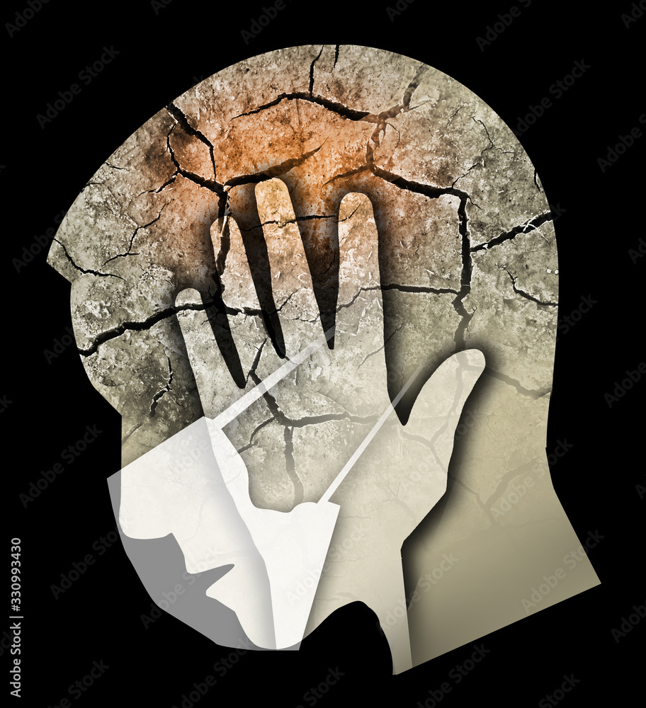 Headache, depressed man with virus protection mask. Stylized male head ...