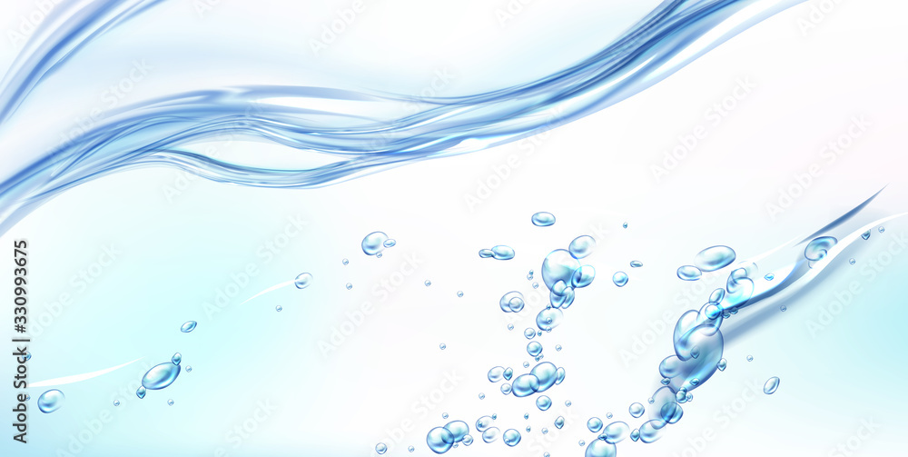 Fresh clean water flowing wave with bubbles and drops. Vector ...