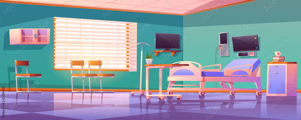 Hospital ward interior with adjustable bed, medical monitor and drop ...