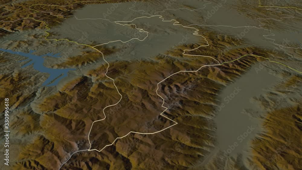 Prizren, district with its capital, zoomed and extruded on the relief ...