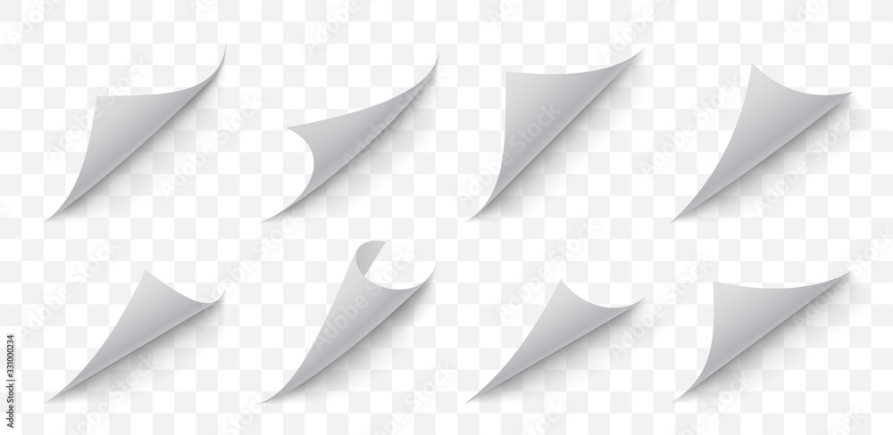 Twisted edges of the page. Realistic twisted corners. Different types ...