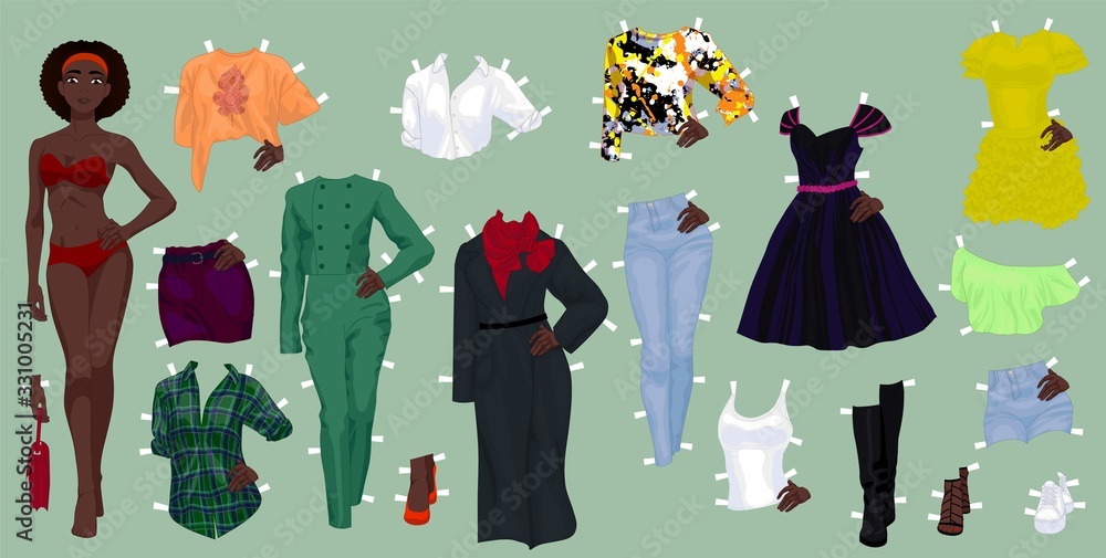 Paper doll of a pretty black girl with a variety of paper clothes and ...