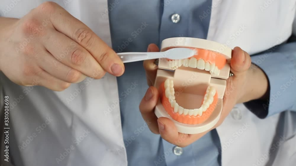 Vídeo do Stock: Dentist showing jaw model, giving lesson on proper ...