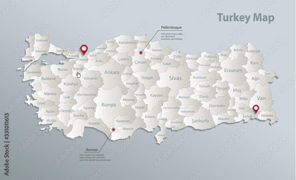 Turkey map, administrative division with names, blue white card paper ...