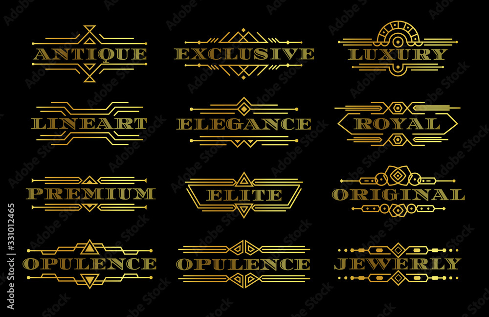 Golden premium quality label set, gold text logo template with outline ...