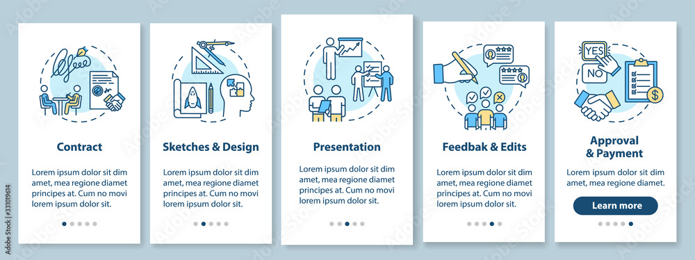 Vecteur Stock Project development stages onboarding mobile app page screen with concepts. Work ...