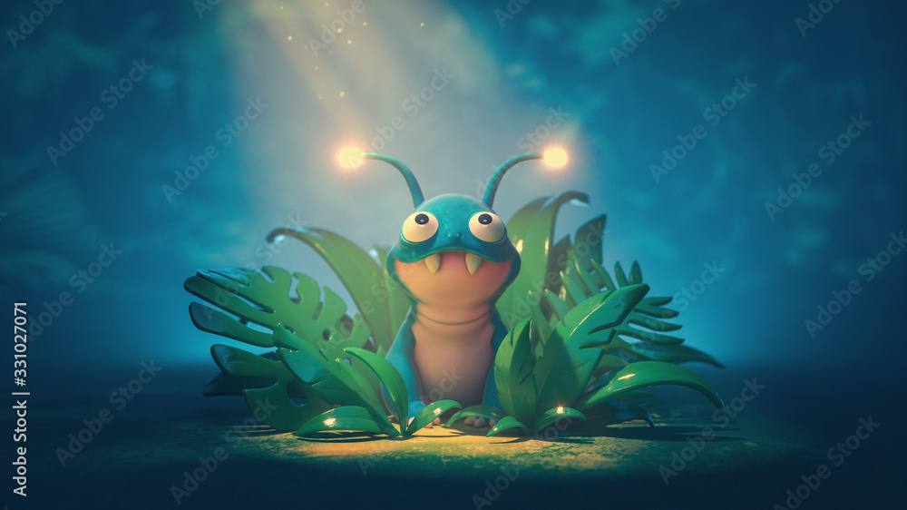 Cute alien creature hiding in the bushes in the jungle. Cartoon monster ...