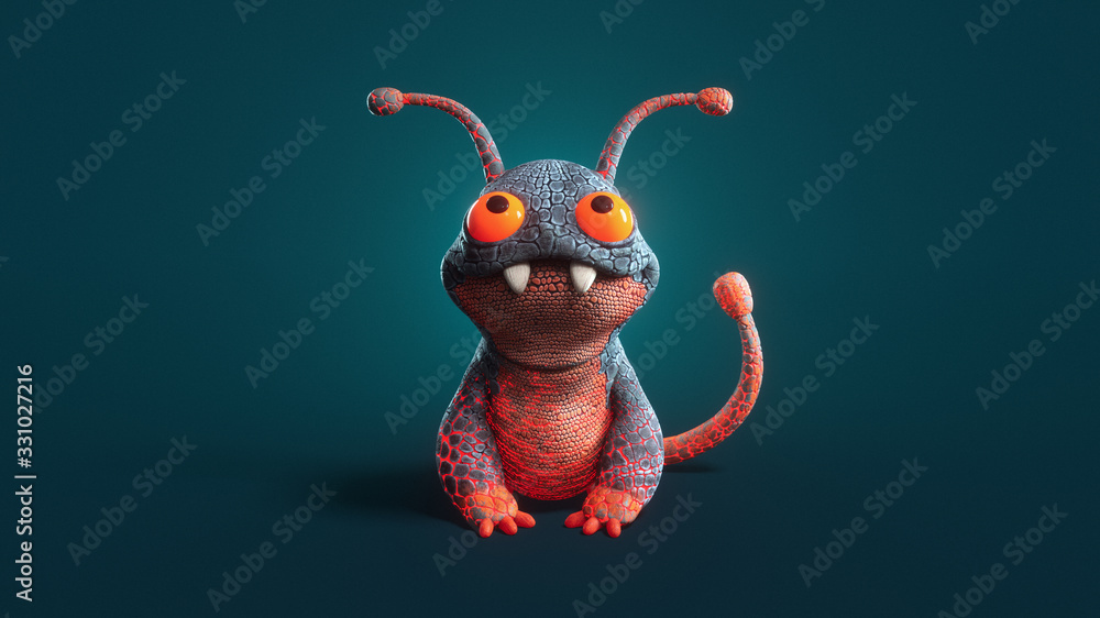 3d illustration of a cute little cartoon red lava monster sitting on ...