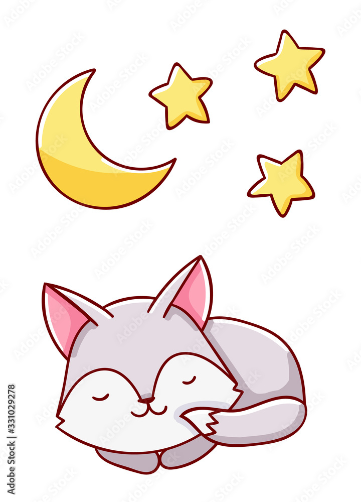 Cute kawaii hand drawn wolf and moon and stars doodles, isolated on ...