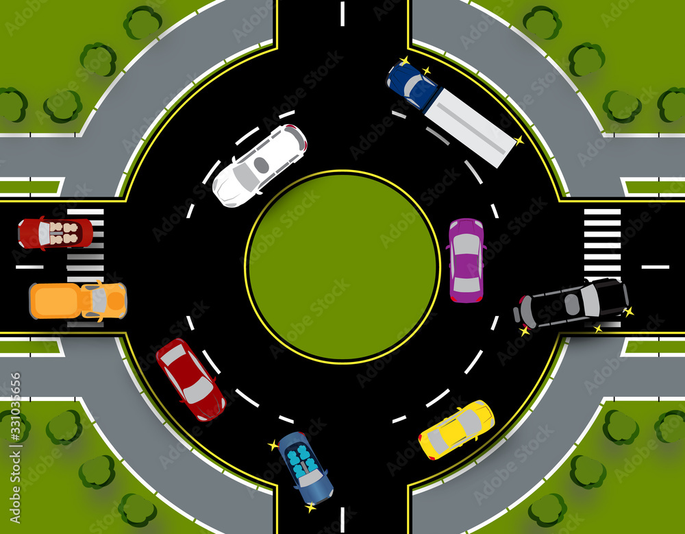 Roundabout with traffic circle. Bus, cars, truck, SUV. Close-up with ...