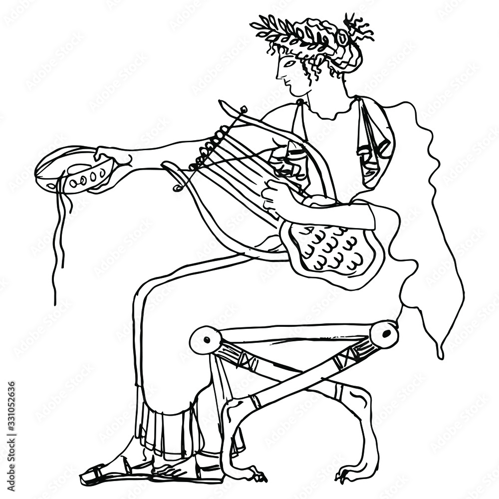 Isolated vector illustration. Seated ancient Greek god Apollo with cup ...