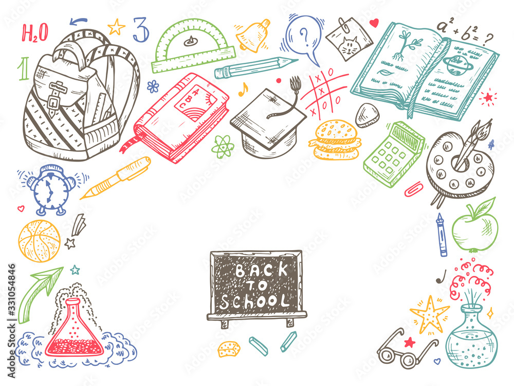 Back to school background with hand drawn doodle school supplies ...