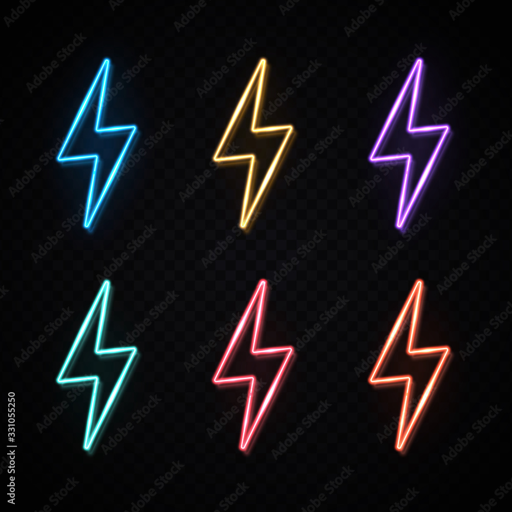 3d lightning bolt logo set on transparent background. Neon light color ...