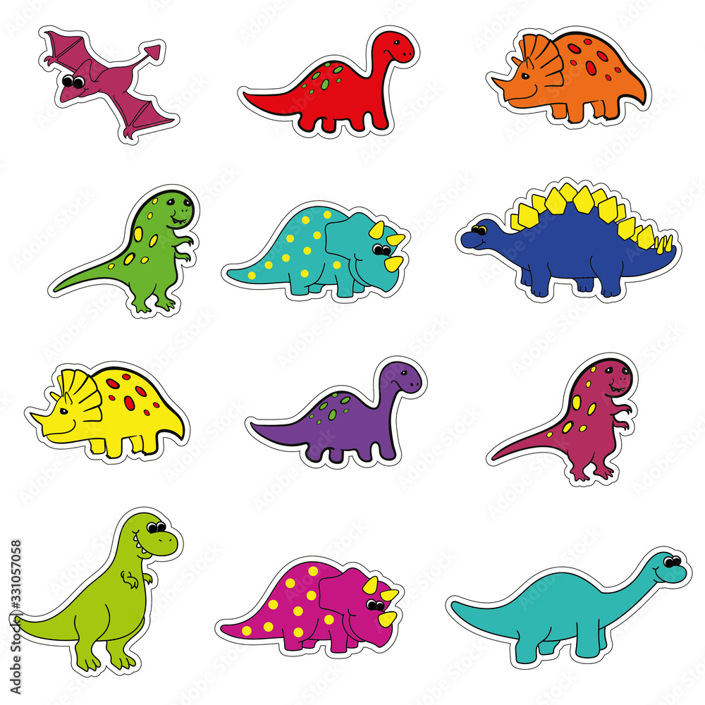 cute cartoon colored variety of dinosaurs stickers with outline for ...