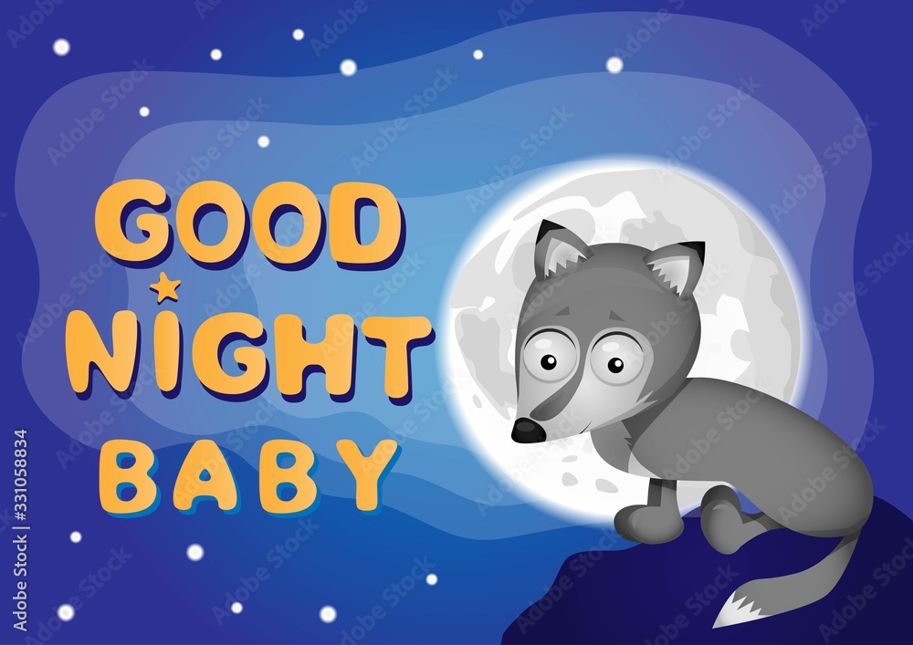 cute baby wolf and moon colorful vector illustration of pup character ...