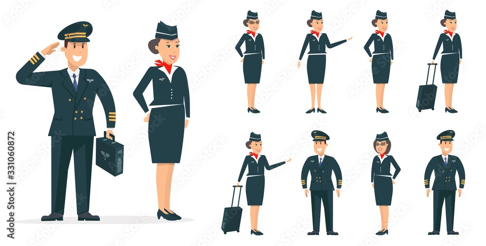 Aircraft personnel. Set of pilots and stewardesses in different poses ...