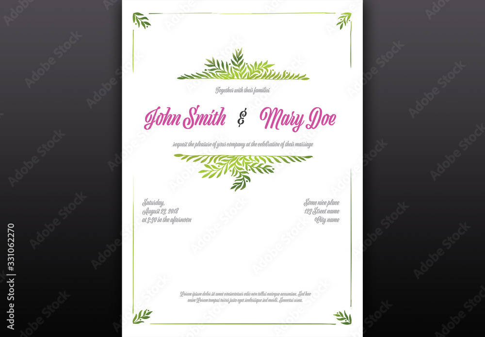Wedding Invitation Layout with Leaf Illustration Elements Stock ...