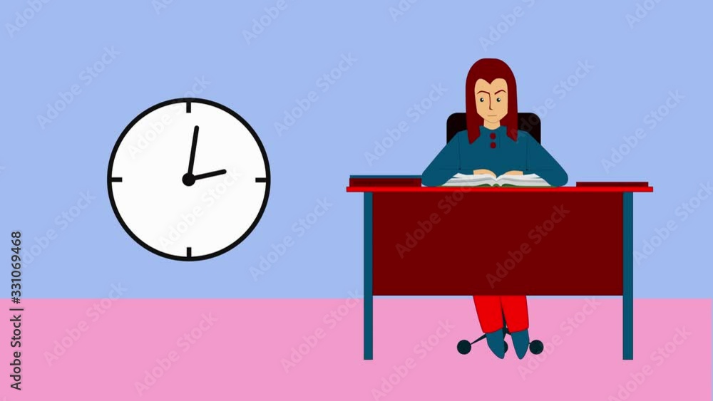 Cartoon animation of caucasian woman studying at home. Many books ...