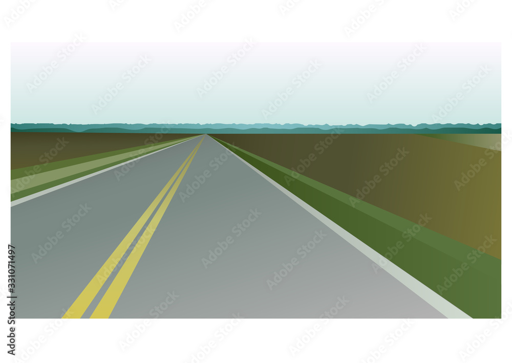 Rural landscape, highway. Horizon with asphalt road through farm fields ...