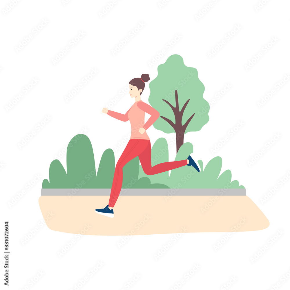 Young brunette woman running in the park in sport clothes. Flat cartoon ...