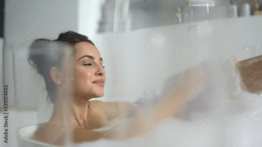 Sexy Woman Lying In Bath Foam At Bathroom Romantic Girl Relaxing At