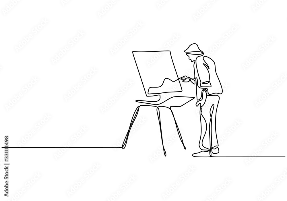 One line drawing of painter artist. A man standing painting an artwork ...