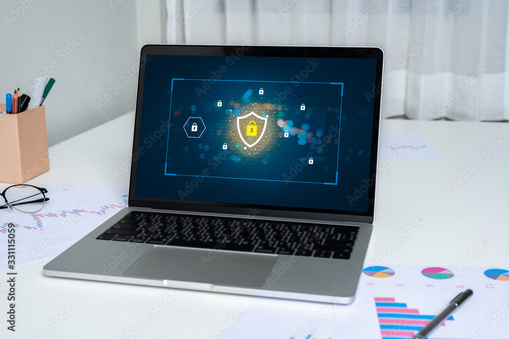 Person using a Laptop Computer with data protection, Cyber security ...