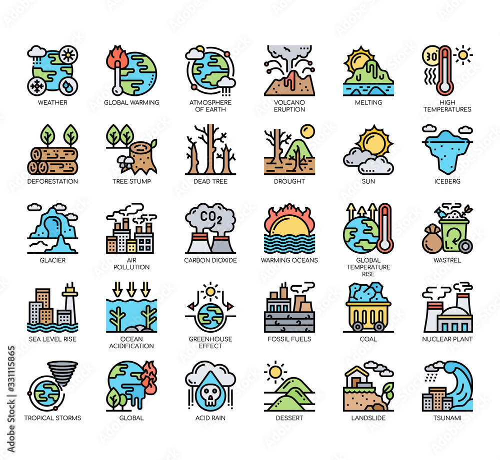 Set of climate change thin line and pixel perfect icons for any web and ...