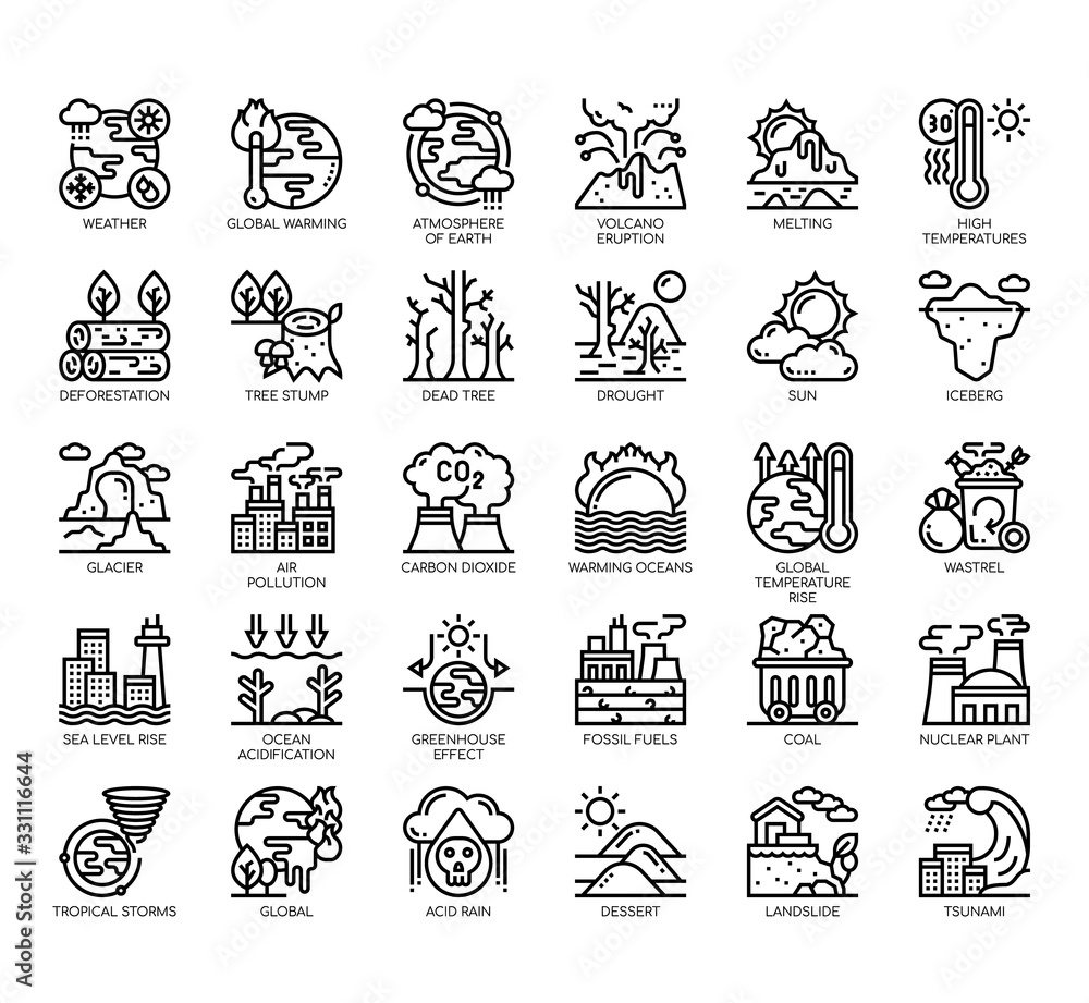 Set of climate change thin line and pixel perfect icons for any web and ...