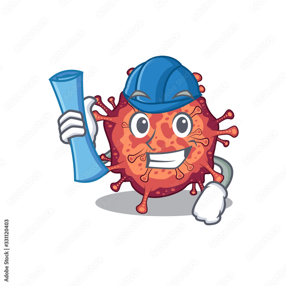 Smiling Architect of contagious corona virus having blue prints and ...