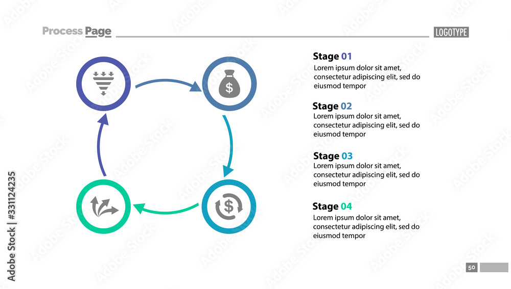 Four stages cycled process chart template with descriptions. Diagram ...