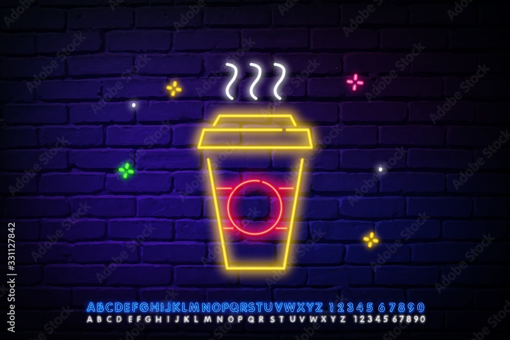 The icon line of tea to take away . Neon laser lights. Sign of a Cup of ...