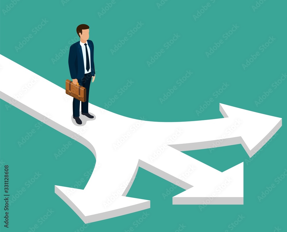 Choice way concept 3d isometric. Businessman before choosing ...