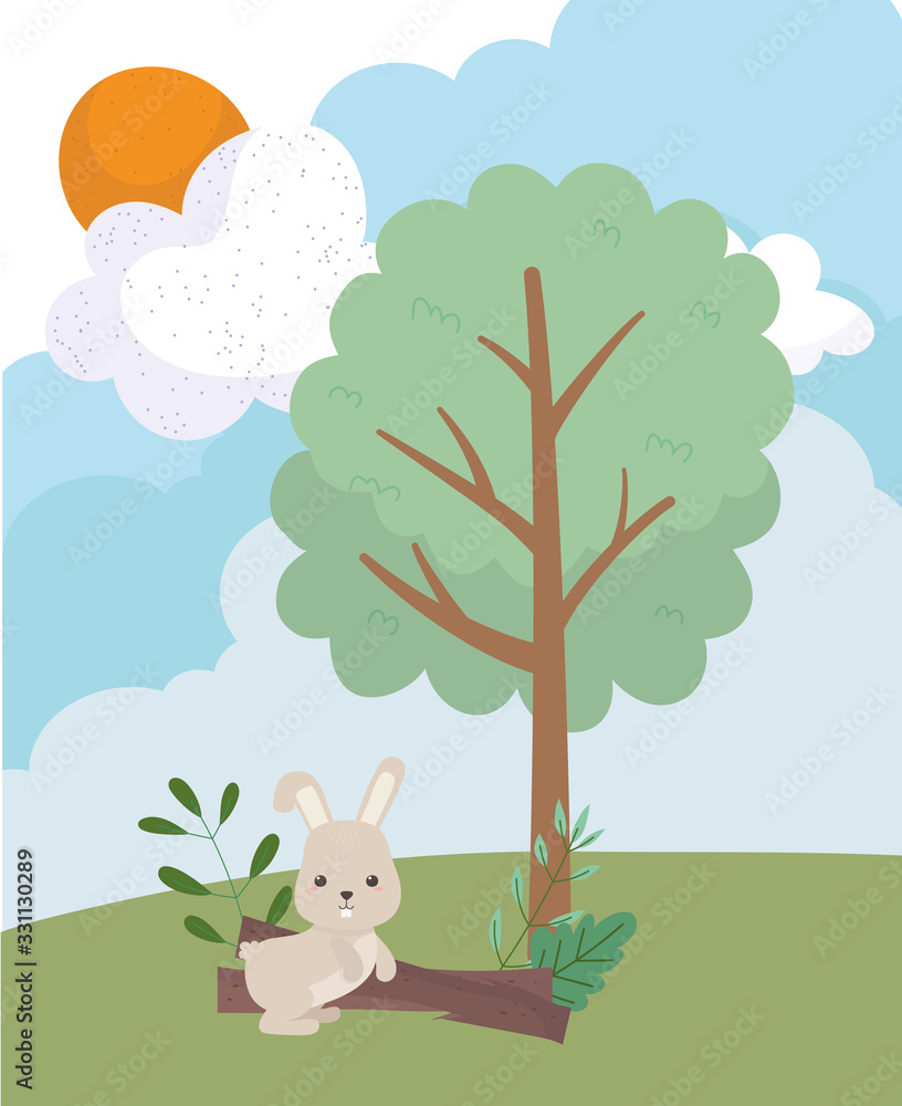 camping cute rabbit trunk tree foliage sun cloud cartoon wall mural ...