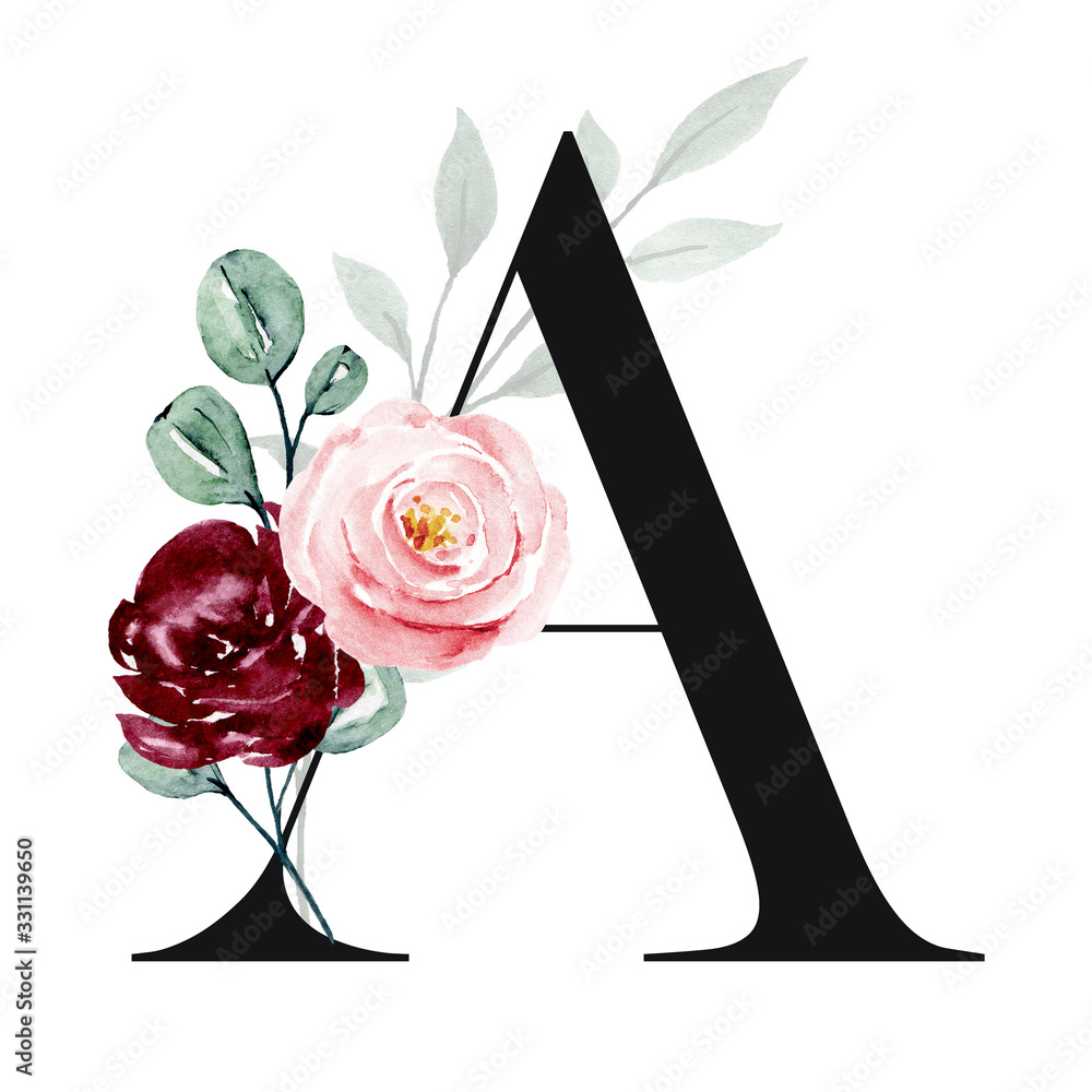 Letter a, floral alphabet, monogram with watercolor flowers roses ...
