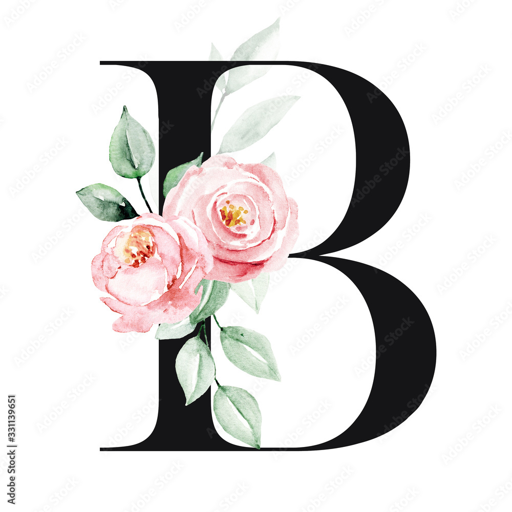 Letter b, floral alphabet, monogram with watercolor flowers roses ...