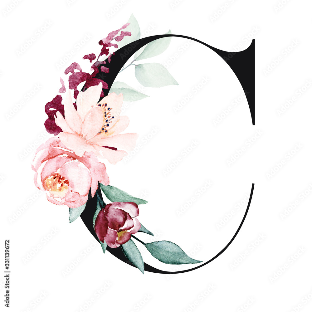 Letter c, floral alphabet, monogram with watercolor flowers roses ...