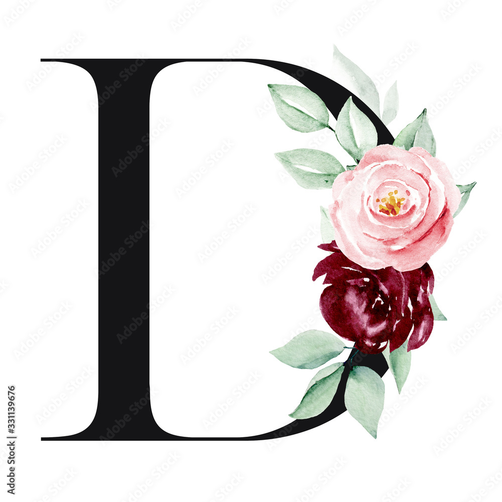 Letter d, floral alphabet, monogram with watercolor flowers roses ...