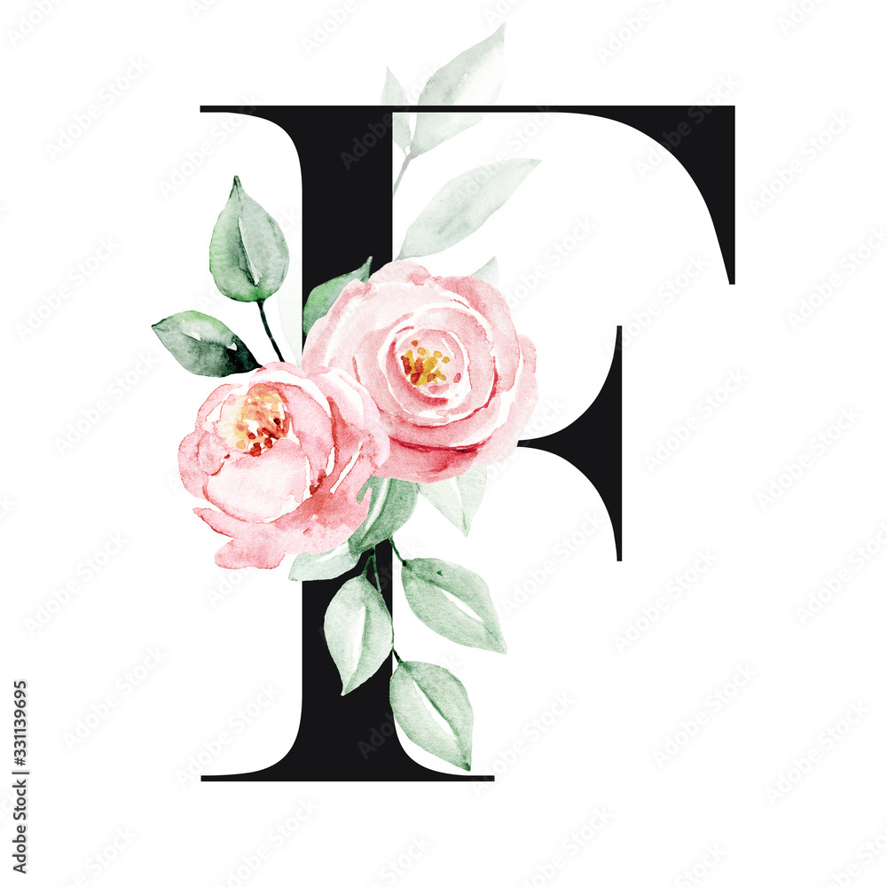 Letter f, floral alphabet, monogram with watercolor flowers roses ...