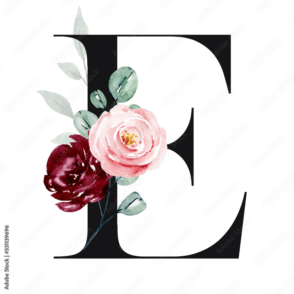 Letter e, floral alphabet, monogram with watercolor flowers roses ...