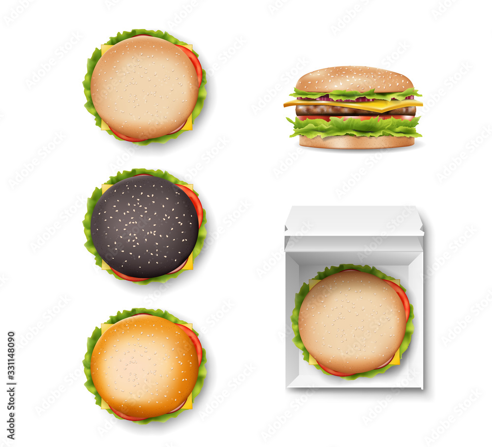 Set of Realistic burger top and side view isolated. Fast Food hamburger ...